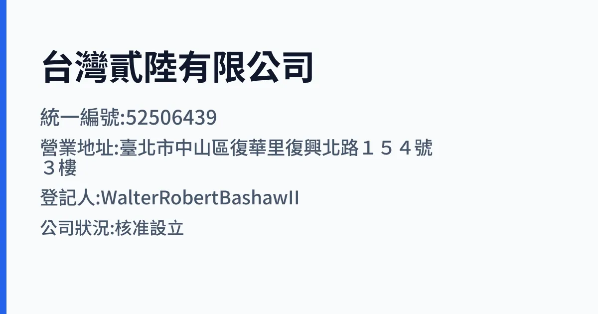 台灣貳陸有限公司 - 統編 52506439(臺北市) 公司登記資料與營業項目詳細圖表