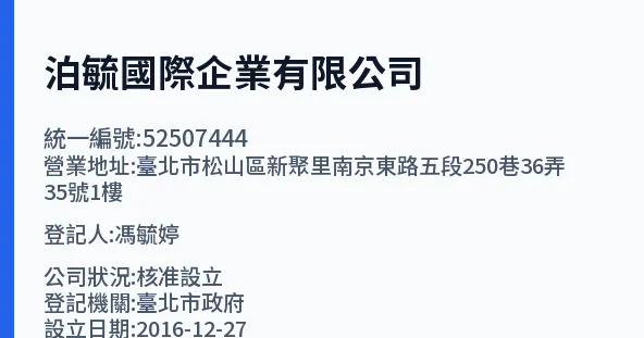 泊毓國際企業有限公司的照片-統編 52507444(臺北市) 公司登記資料與營業項目詳細圖表