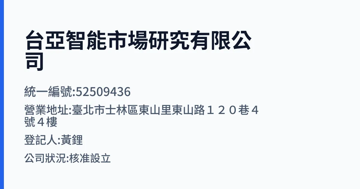 台亞智能市場研究有限公司 - 統編 52509436(臺北市) 公司登記資料與營業項目詳細圖表