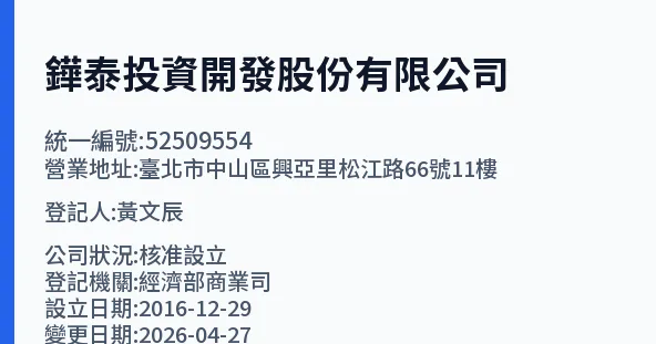 鏵泰投資開發股份有限公司的照片-統編 52509554(臺北市) 公司登記資料與營業項目詳細圖表