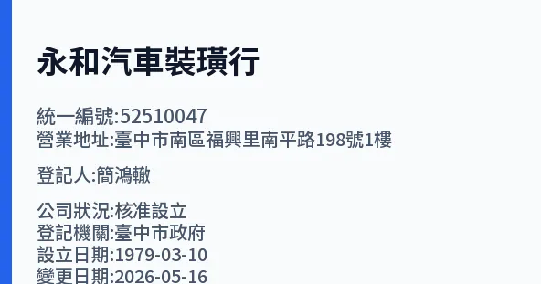 永和汽車裝璜行的照片-統編 52510047(臺中市) 公司登記資料與營業項目詳細圖表