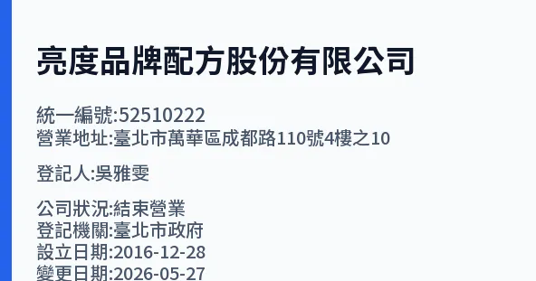 亮度品牌配方股份有限公司的照片-統編 52510222(臺北市) 公司登記資料與營業項目詳細圖表