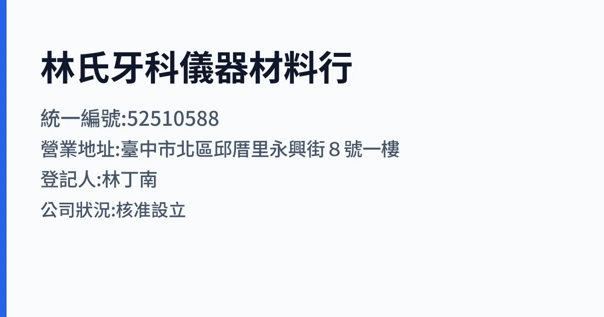 林氏牙科儀器材料行 - 統編 52510588(臺中市) 公司登記資料與營業項目詳細圖表