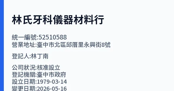 林氏牙科儀器材料行的照片-統編 52510588(臺中市) 公司登記資料與營業項目詳細圖表