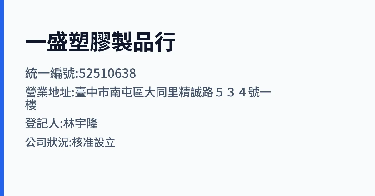 一盛塑膠製品行 - 統編 52510638(臺中市) 公司登記資料與營業項目詳細圖表