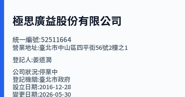極思廣益股份有限公司的照片-統編 52511664(臺北市) 公司登記資料與營業項目詳細圖表