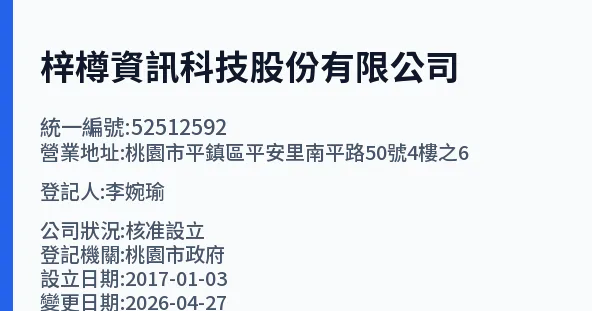 梓樽資訊科技股份有限公司的照片-統編 52512592(桃園市) 公司登記資料與營業項目詳細圖表