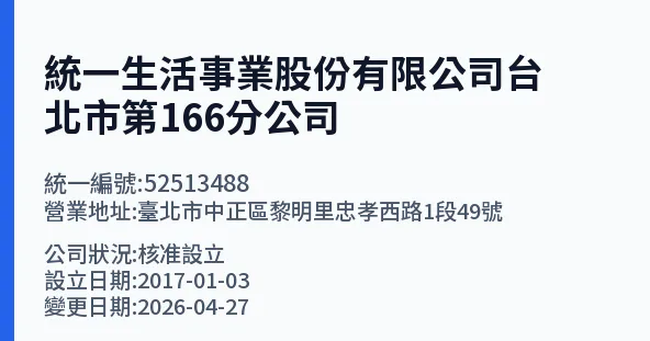 統一生活事業股份有限公司台北市第166分公司的照片-統編 52513488(臺北市) 公司登記資料與營業項目詳細圖表