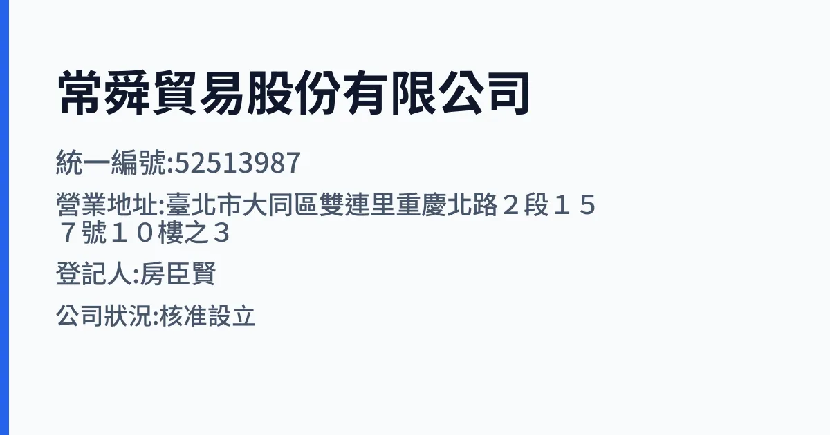 常舜貿易股份有限公司 - 統編 52513987(臺北市) 公司登記資料與營業項目詳細圖表