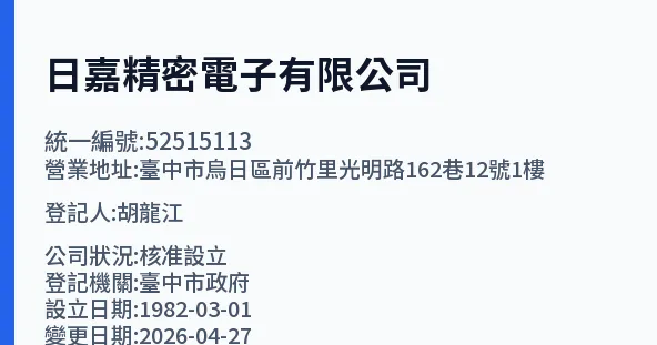 日嘉精密電子有限公司的照片-統編 52515113(臺中市) 公司登記資料與營業項目詳細圖表