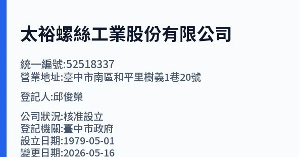 太裕螺絲工業股份有限公司的照片-統編 52518337(臺中市) 公司登記資料與營業項目詳細圖表