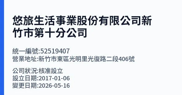 悠旅生活事業股份有限公司新竹市第十分公司的照片-統編 52519407(新竹市) 公司登記資料與營業項目詳細圖表