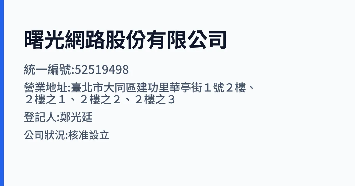 曙光網路股份有限公司 - 統編 52519498(臺北市) 公司登記資料與營業項目詳細圖表