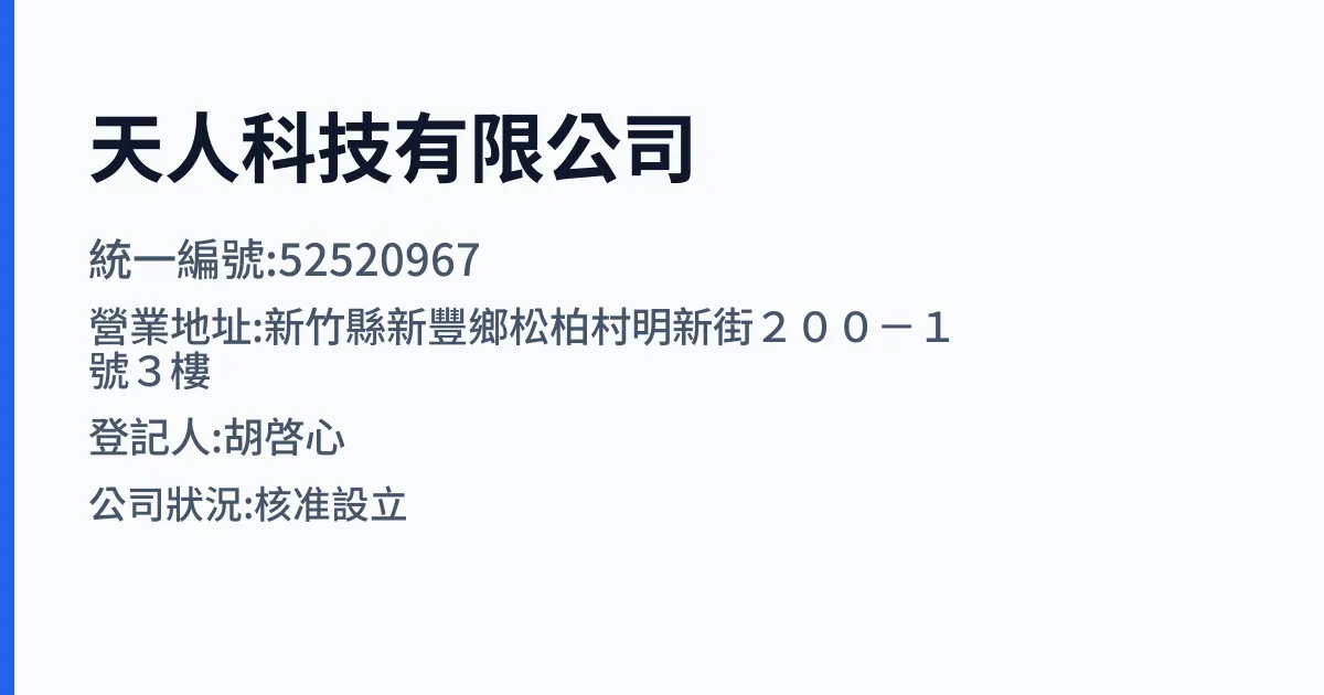 天人科技有限公司 - 統編 52520967(新竹縣) 公司登記資料與營業項目詳細圖表