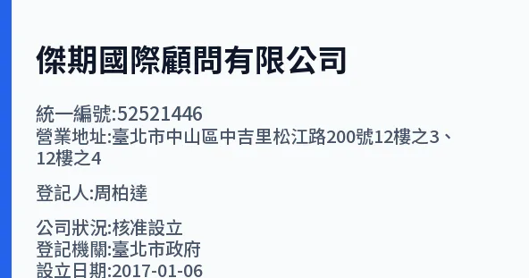 傑期國際顧問有限公司的照片-統編 52521446(臺北市) 公司登記資料與營業項目詳細圖表