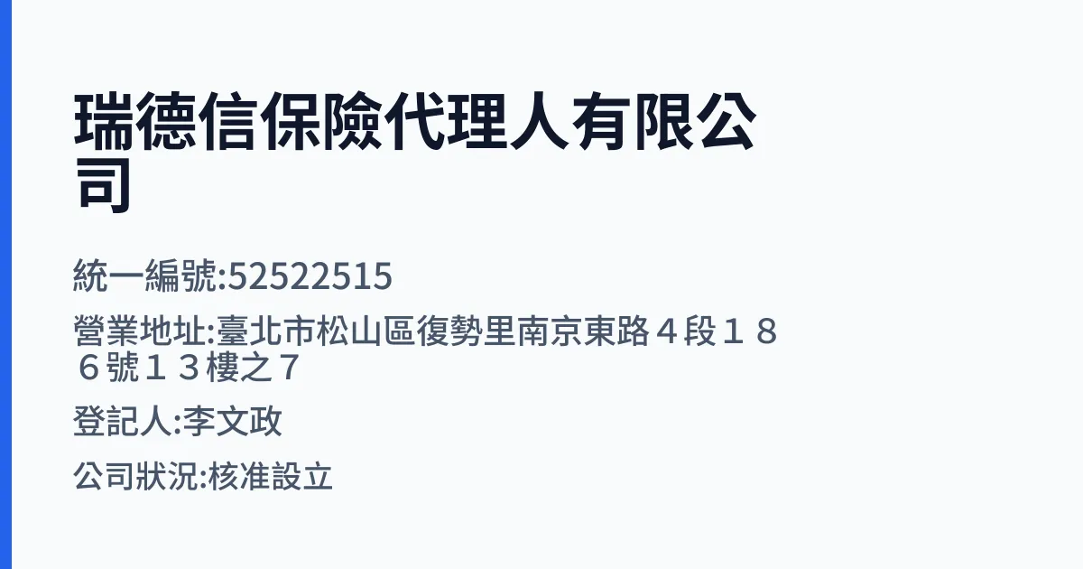 瑞德信保險代理人有限公司 - 統編 52522515(臺北市) 公司登記資料與營業項目詳細圖表