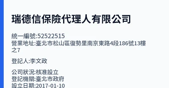 瑞德信保險代理人有限公司的照片-統編 52522515(臺北市) 公司登記資料與營業項目詳細圖表