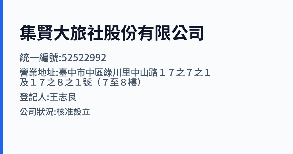 集賢大旅社股份有限公司 - 統編 52522992(臺中市) 公司登記資料與營業項目詳細圖表