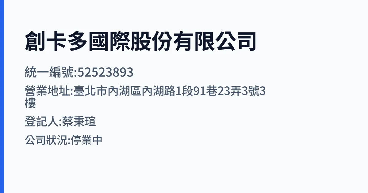 創卡多國際股份有限公司 - 統編 52523893(臺北市) 公司登記資料與營業項目詳細圖表
