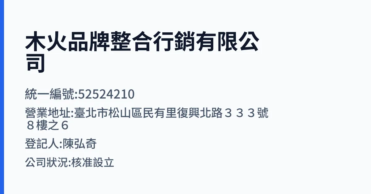 木火品牌整合行銷有限公司 - 統編 52524210(臺北市) 公司登記資料與營業項目詳細圖表