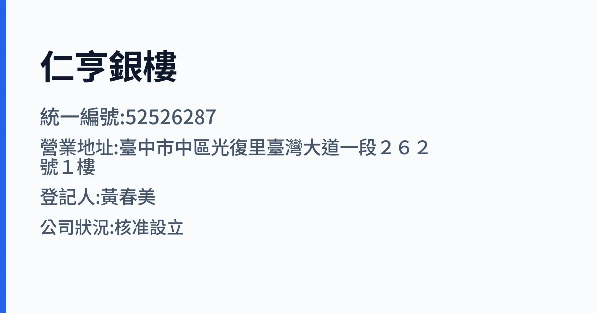 仁亨銀樓 - 統編 52526287(臺中市) 公司登記資料與營業項目詳細圖表