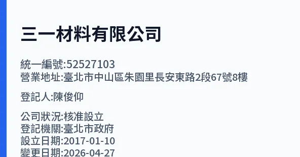 三一材料有限公司的照片-統編 52527103(臺北市) 公司登記資料與營業項目詳細圖表