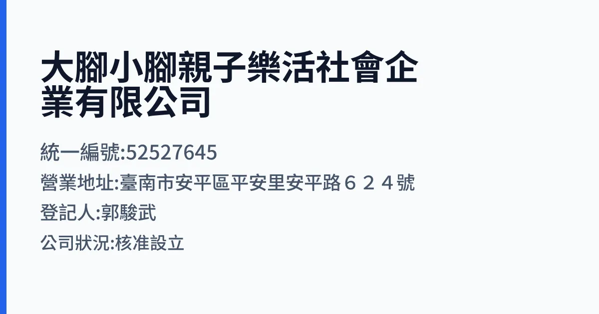 大腳小腳親子樂活社會企業有限公司 - 統編 52527645（新北市） 公司登記資料與營業項目詳細圖表