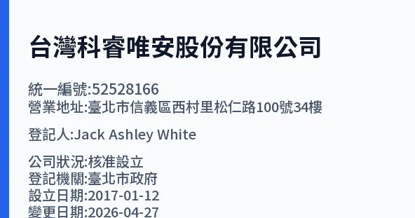 台灣科睿唯安股份有限公司的照片-統編 52528166(臺北市) 公司登記資料與營業項目詳細圖表