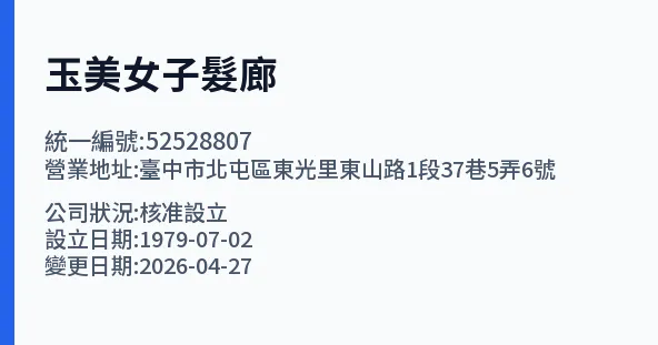 玉美女子髮廊的照片-統編 52528807(臺中市) 公司登記資料與營業項目詳細圖表