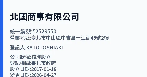 北國商事有限公司的照片-統編 52529550(臺北市) 公司登記資料與營業項目詳細圖表
