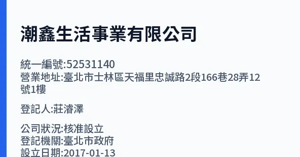 潮鑫生活事業有限公司的照片-統編 52531140(臺北市) 公司登記資料與營業項目詳細圖表