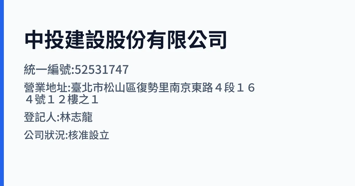 中投建設股份有限公司 - 統編 52531747(臺北市) 公司登記資料與營業項目詳細圖表
