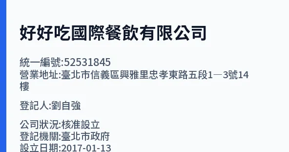 好好吃國際餐飲有限公司的照片-統編 52531845(臺北市) 公司登記資料與營業項目詳細圖表