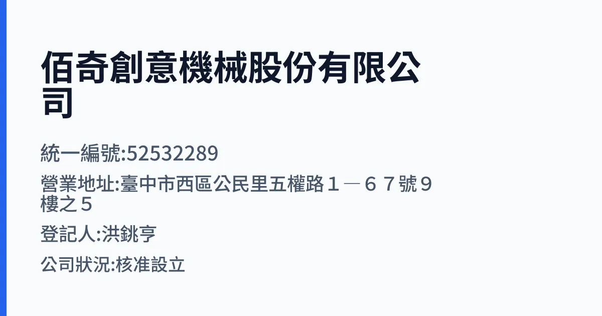佰奇創意機械股份有限公司 - 統編 52532289(臺北市) 公司登記資料與營業項目詳細圖表