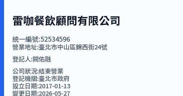 雷咖餐飲顧問有限公司的照片-統編 52534596(臺北市) 公司登記資料與營業項目詳細圖表
