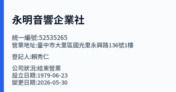 永明音響企業社的照片-統編 52535265(臺中市) 公司登記資料與營業項目詳細圖表