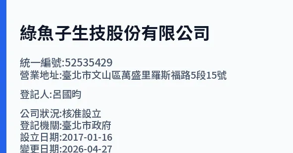 綠魚子生技股份有限公司的照片-統編 52535429(臺北市) 公司登記資料與營業項目詳細圖表