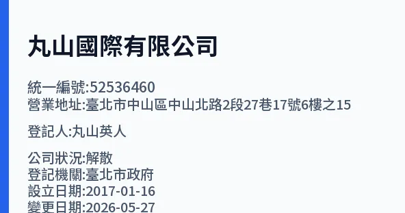 丸山國際有限公司的照片-統編 52536460(臺北市) 公司登記資料與營業項目詳細圖表