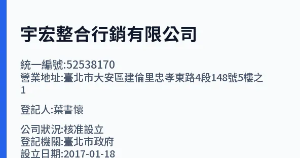 宇宏整合行銷有限公司的照片-統編 52538170(臺北市) 公司登記資料與營業項目詳細圖表