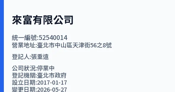 來富有限公司的照片-統編 52540014(臺北市) 公司登記資料與營業項目詳細圖表
