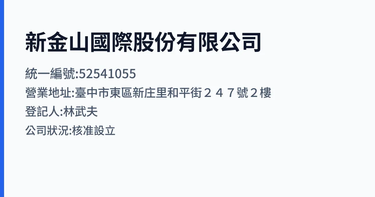 新金山國際股份有限公司 - 統編 52541055（臺中市） 公司登記資料與營業項目詳細圖表