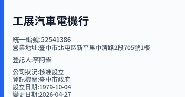 工展汽車電機行的照片-統編 52541386(臺中市) 公司登記資料與營業項目詳細圖表