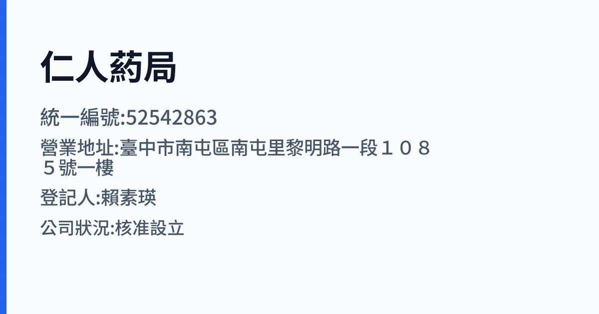 仁人葯局 - 統編 52542863(臺中市) 公司登記資料與營業項目詳細圖表