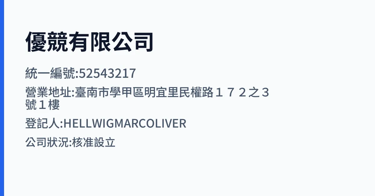優競有限公司 - 統編 52543217(臺南市) 公司登記資料與營業項目詳細圖表