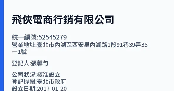 飛俠電商行銷有限公司的照片-統編 52545279(臺北市) 公司登記資料與營業項目詳細圖表