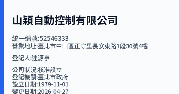 山穎自動控制有限公司的照片-統編 52546333(臺北市) 公司登記資料與營業項目詳細圖表