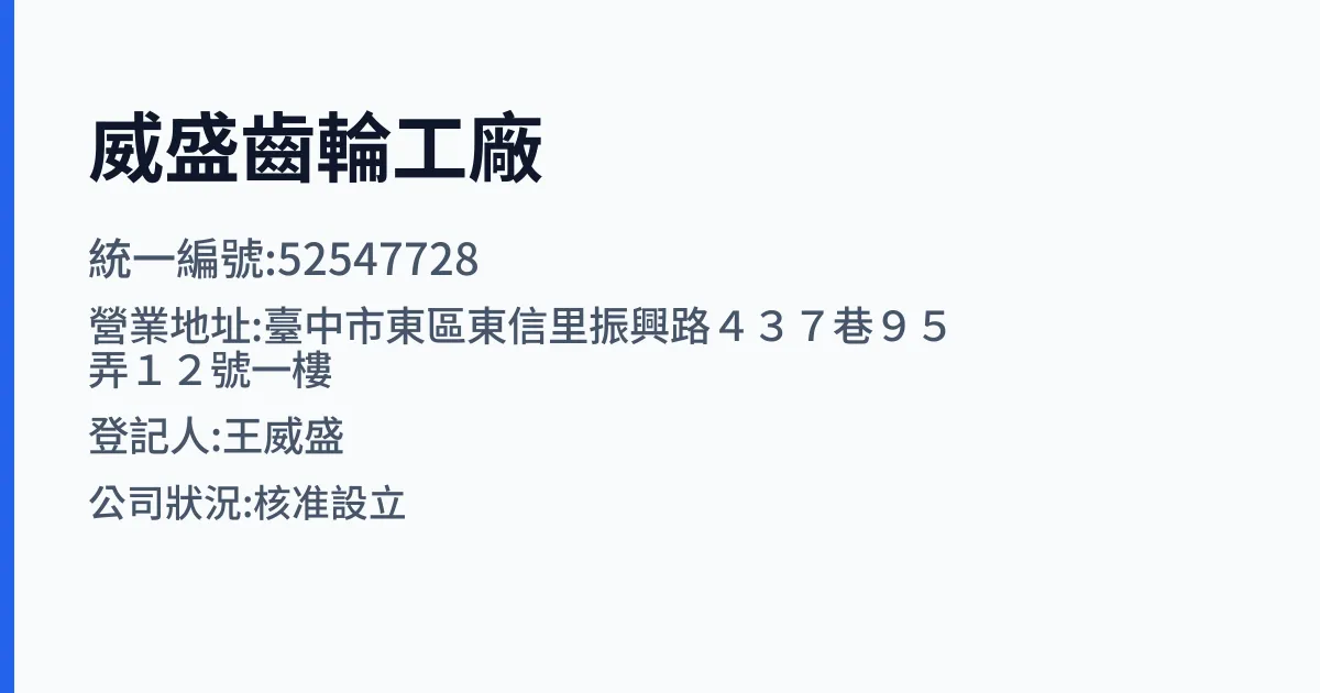 威盛齒輪工廠 - 統編 52547728(臺中市) 公司登記資料與營業項目詳細圖表