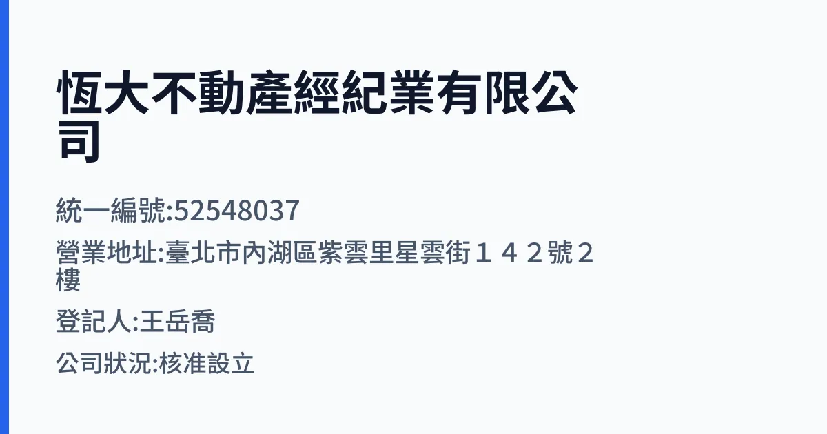 恆大不動產經紀業有限公司 - 統編 52548037(臺北市) 公司登記資料與營業項目詳細圖表
