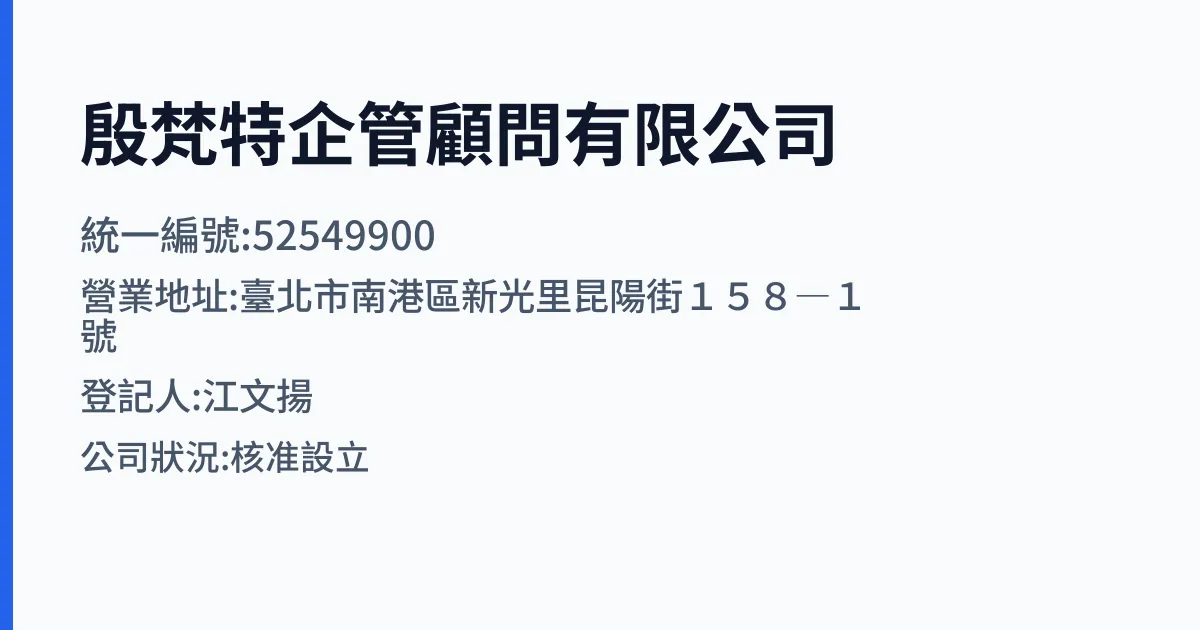 殷梵特企管顧問有限公司 - 統編 52549900(臺北市) 公司登記資料與營業項目詳細圖表