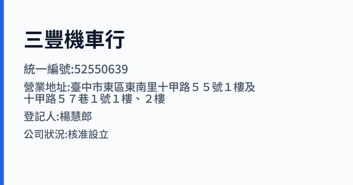 三豐機車行 - 統編 52550639(臺中市) 公司登記資料與營業項目詳細圖表